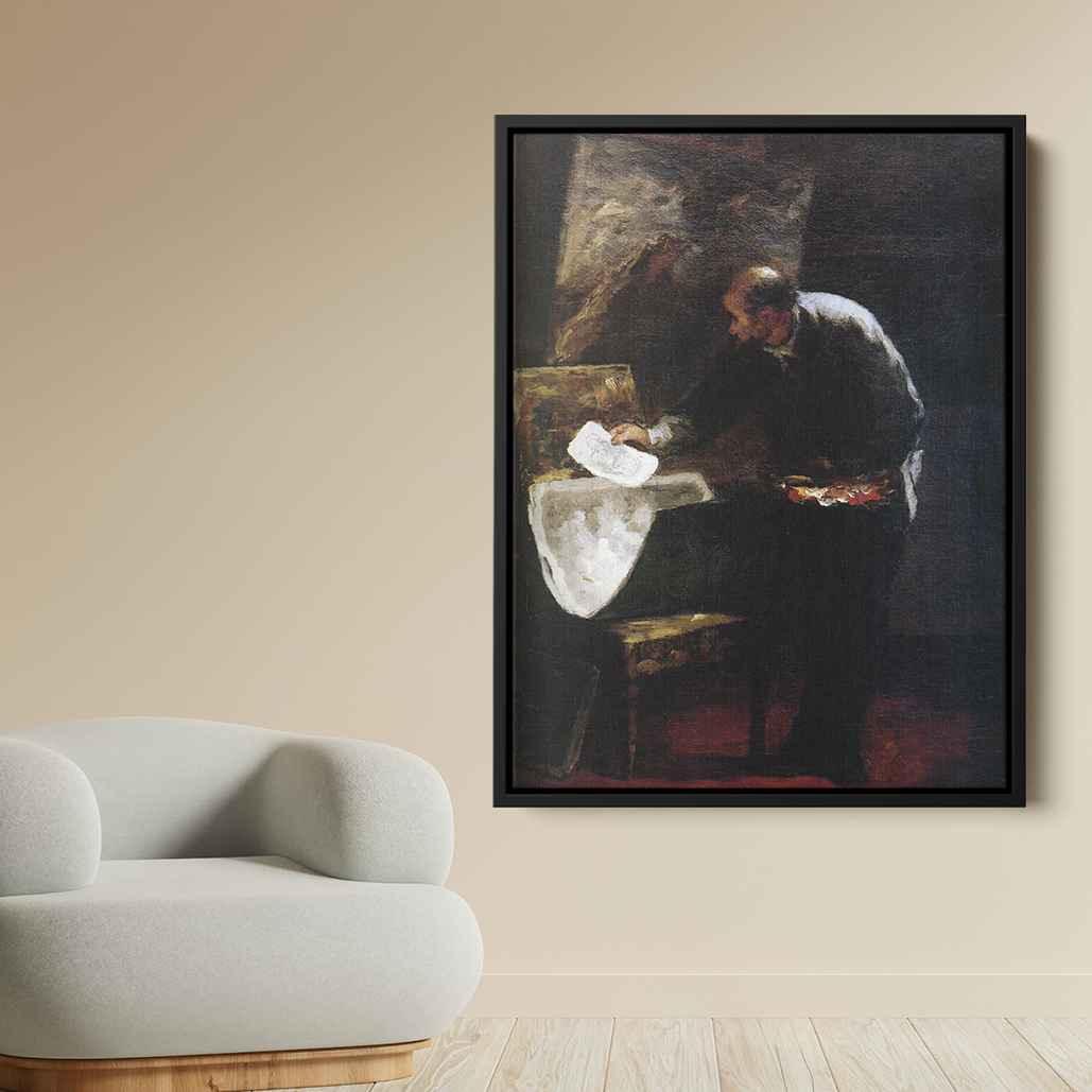 Painter dividing into sheets a paperboard of drawing by Honore Daumier ...