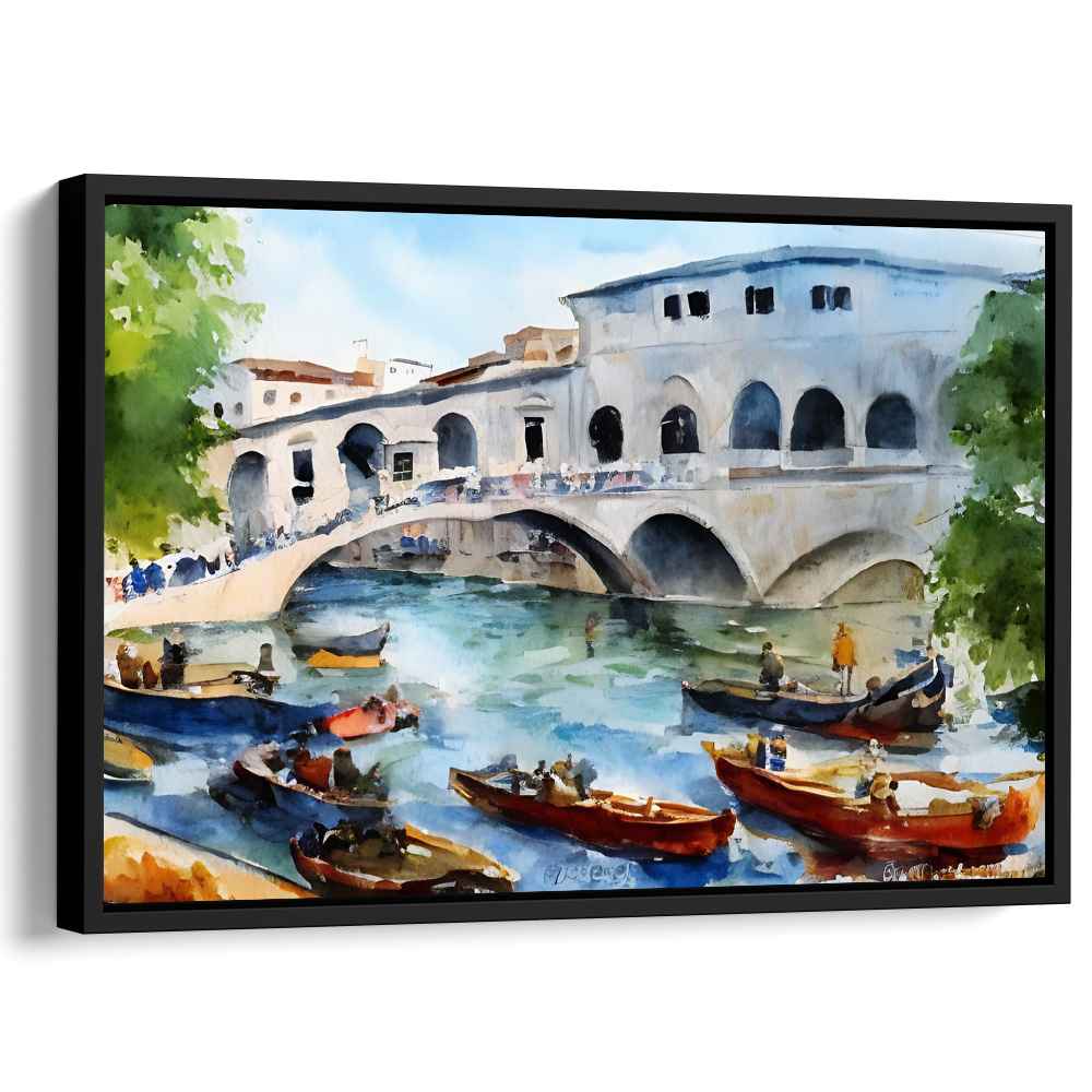 Aquatic Symphonies: Watercolor Impressionist Bridge and Boats Canvas ...