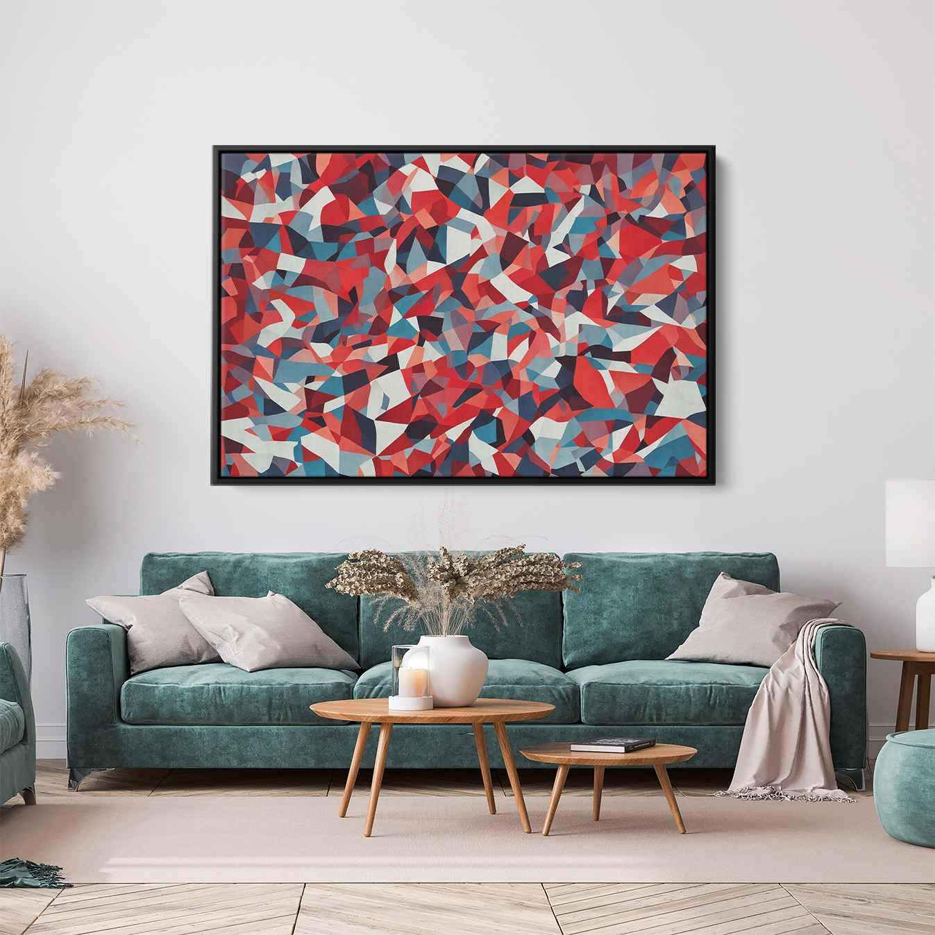 Crimson Cubism Depths: Abstract Cubist Red and Blue Canvas Art Print ...