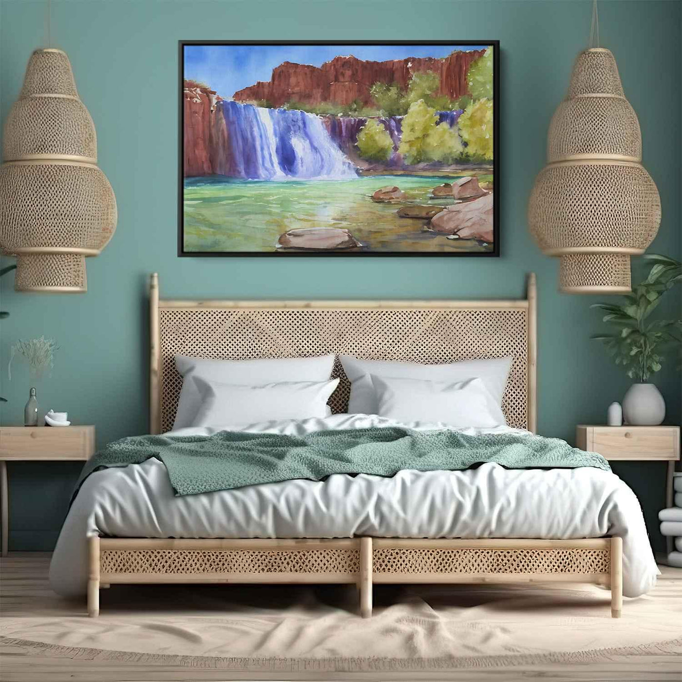 Aqua Oasis Mirage: Watercolor Oasis Landscape Art Print — Kanvah