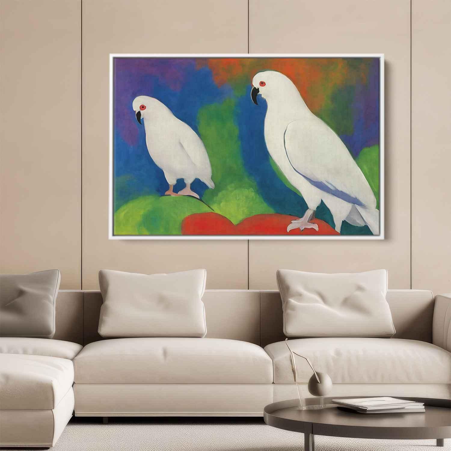 Ethereal Avian Abstraction: Vibrant Cockatoos Against Abstract Paradise ...